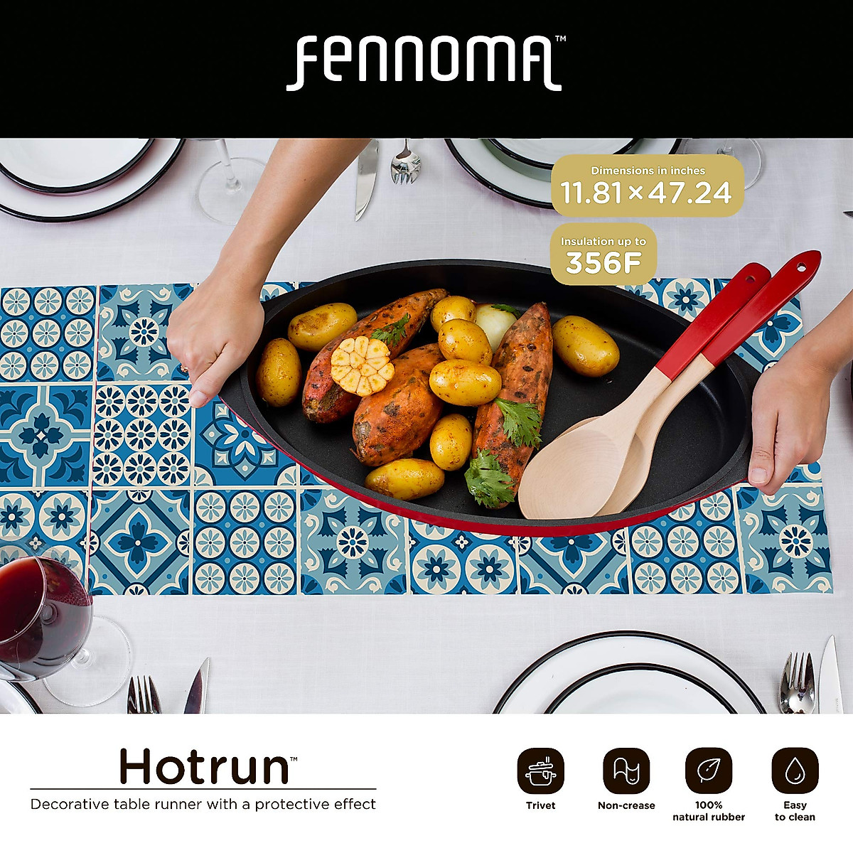 Fennoma Hotrun 2 in 1 Heat Resistant Trivet & Table Runner, 47 Inches Long Trivet for Hot Pots and Pans, Handles Heat Up to 356F, Anti Slip, Waterproof, Ideal for Kitchen Countertopst (Floral Blue)