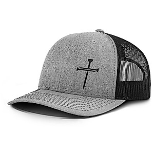 Nail Cross Christian Trucker Hat - Adjustable Fit Cotton Snapback Hat - Breathable Mesh Side for Casual Wear (Heather Front/Black Mesh)