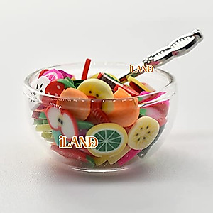 iLAND Miniature Dollhouse Accessories for Dollhouse Furniture, Glass Utensils w/Mini Food Set Incl Bowls Plates Dessert Dish Jar Cup (6 Glass pcs w/Miniature Food)