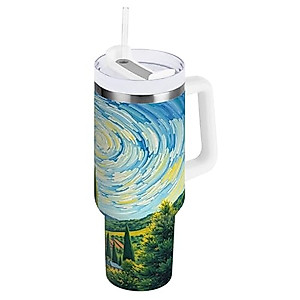 RPLIFE Landscape Painting Swirling Sky Travel Coffee Tumbler, Stainless Water Bottle, Insulated Cup with Straw, Tumbler for Men