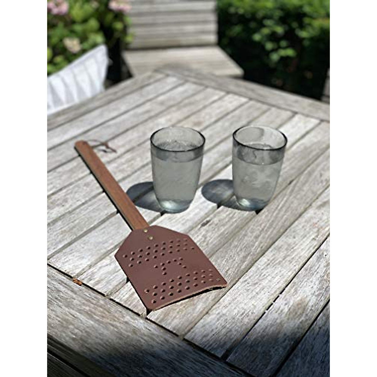 Outset Acacia Wood and Leather Heavy Duty, Extra Large Fly Swatter, Brown