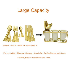 FORESEEX Ceramic Kitchen Outdoor Silverware Caddy Flatware Cutlery Holder Utensils Organizer with Drain Tray and Metal Rack for Spoons Knives and Forks (Light Yellow 3 Cups)
