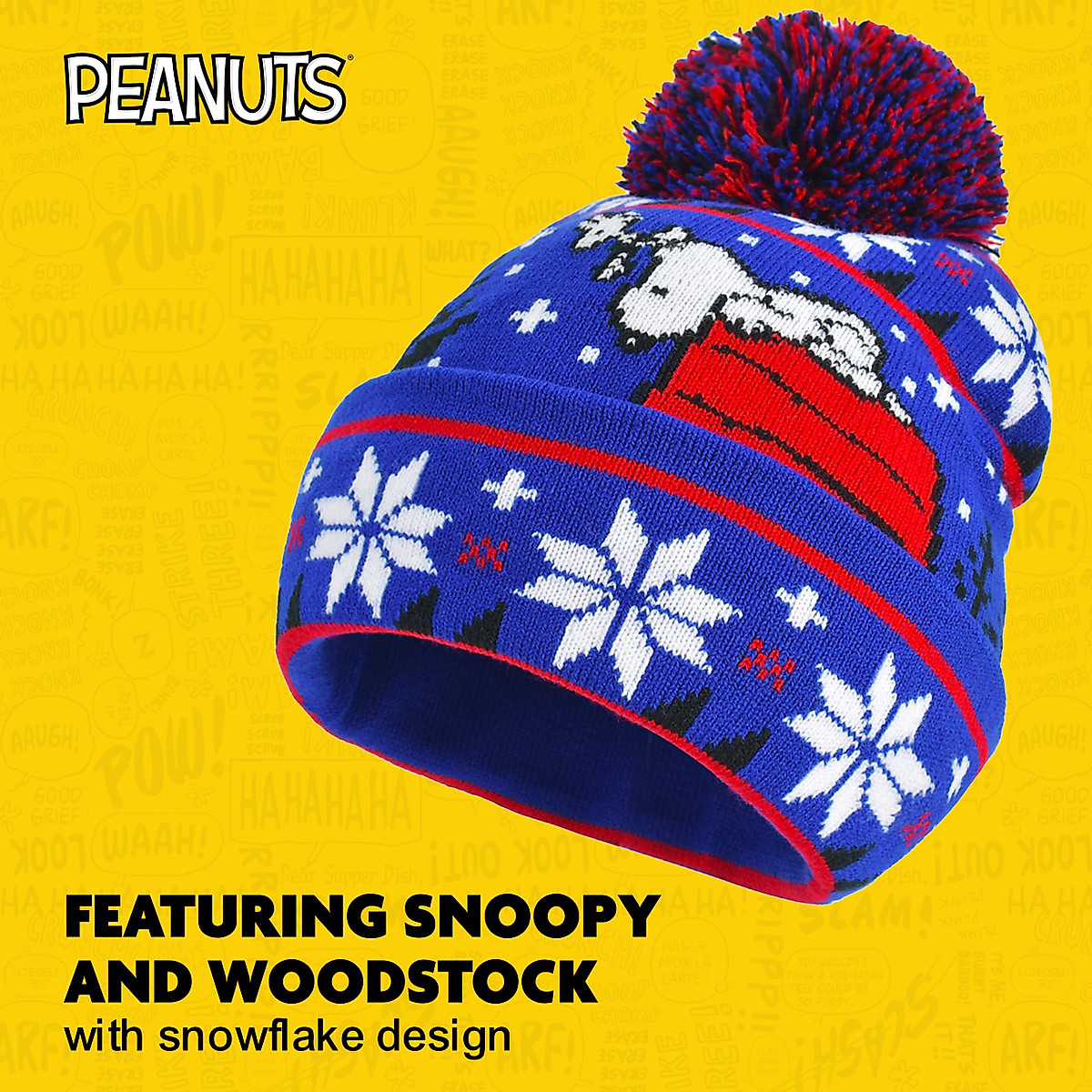 Peanuts Beanie Hat, Snoopy Red House Ugly Xmas Sweater Winter Knit Cap with Cuff and Pom, Blue, One Size