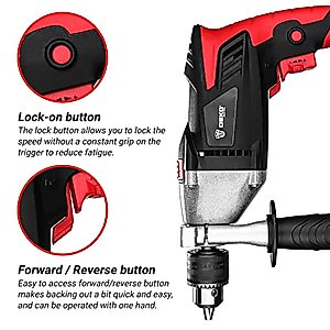 DEKOPRO 8Amp 1/2-inch Corded Impact Drill with 12pcs Accessories, Variable Speed 0-2800, Hammer and Drill 2 Functions in 1, 360°Rotating Handle, Depth Gauge, Carrying Case Included