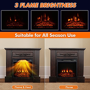 Tangkula 32’’Electric Fireplace with Mantle, Freestanding Fireplace Heater w/ 3D Realistic & Adjustable Flame, Remote Control, Overheat Protection, 1400 W Wooden Fireplace Mantel for Home (Brown)