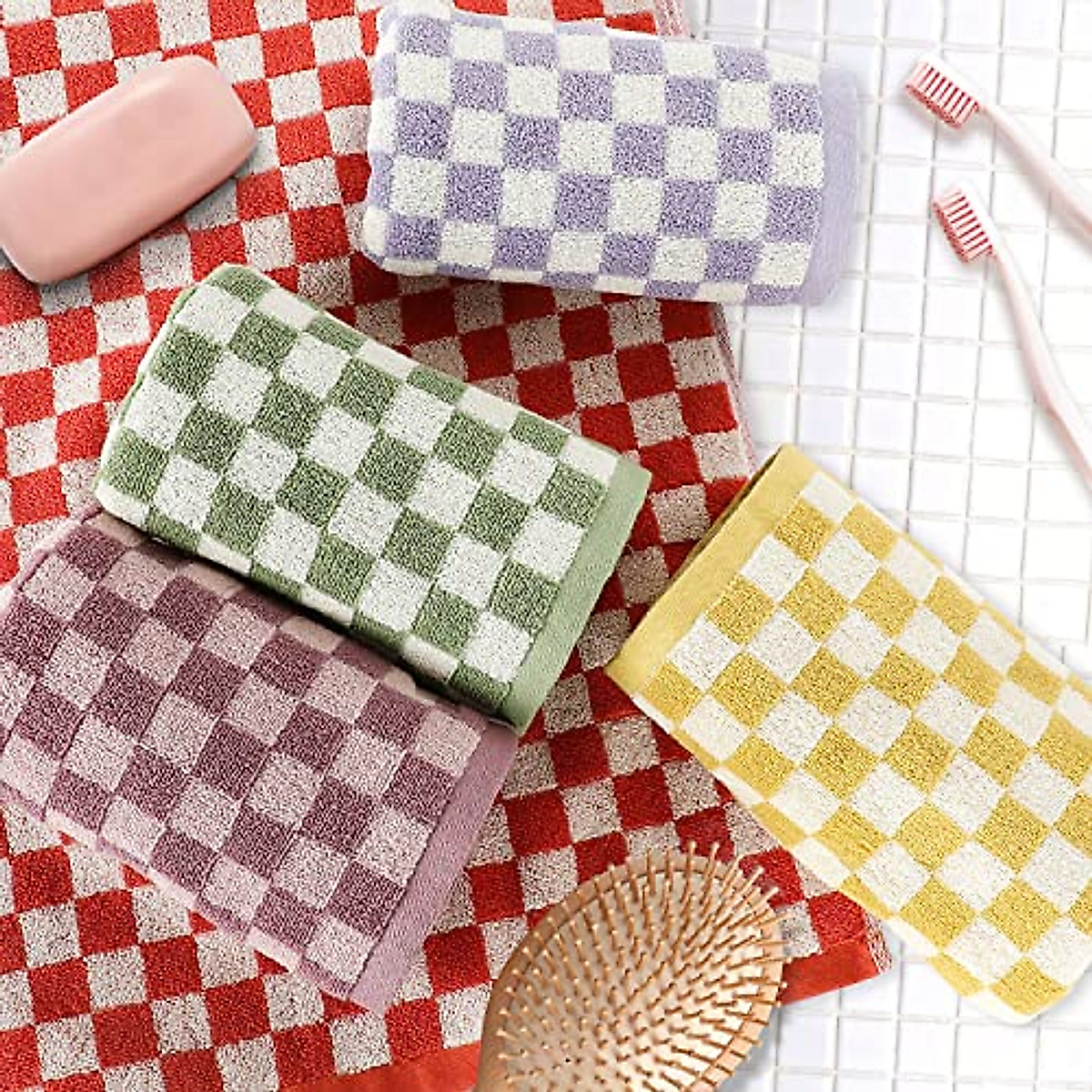 Sawowkuya 5 Pcs Checkered Hand Towels, 100% Cotton Bath Towels Checkered Towel, Soft Absorbent Hand Towels for Bathroom, 13” x 29” Cute Patterned Face Towels for Spa Gym Kitchen