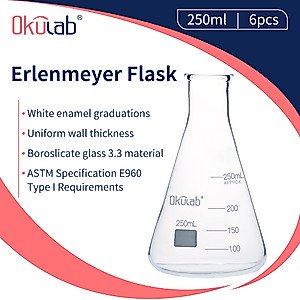Okulab Conical Flask Set, 250mL Glass Erlenmeyer Flasks, Narrow Mouth, 3.3 Borosilicate Glass Conical Flask Set (case of 6) for Lab, Classroom, Craft, Kitchen,EFNG250A6