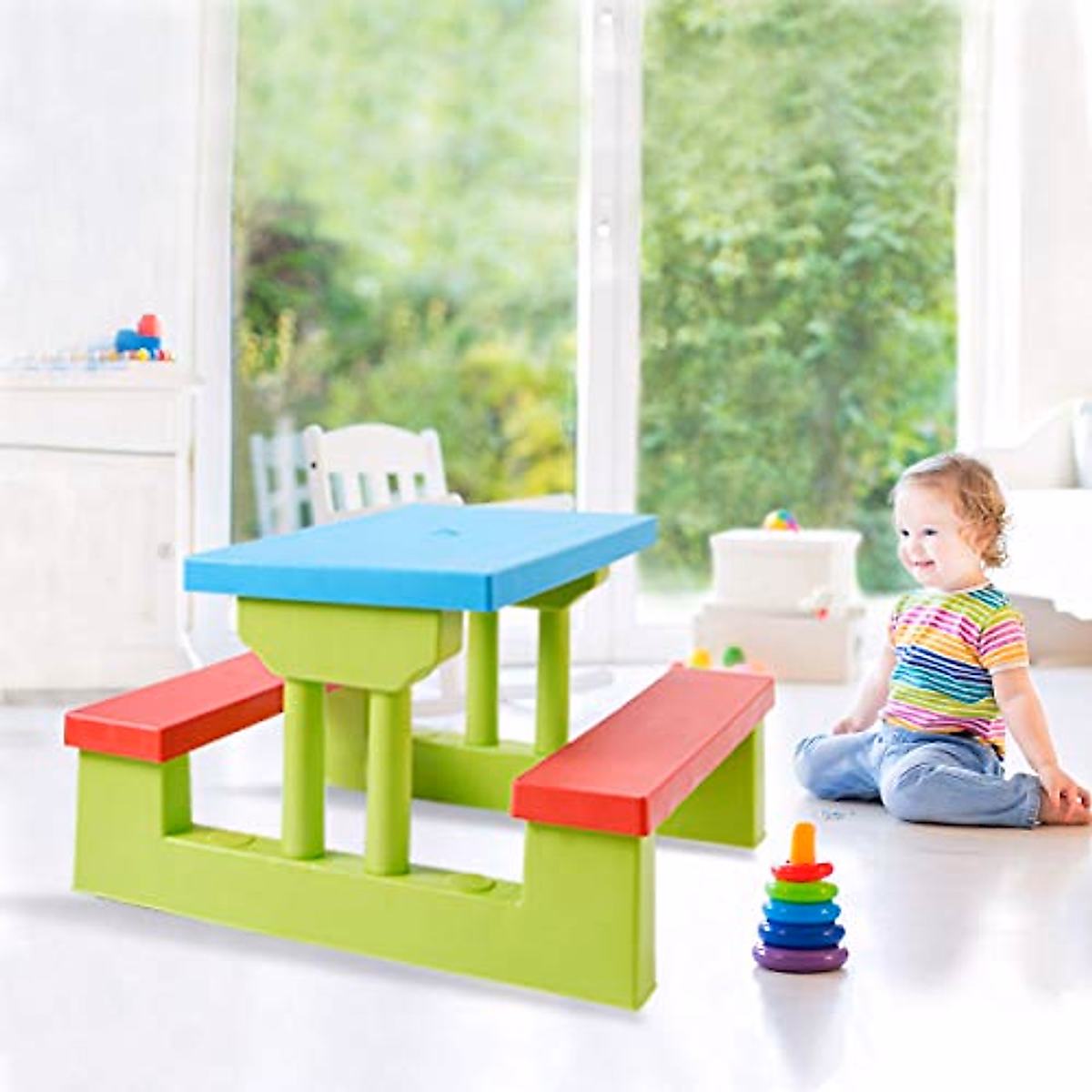 HONEY JOY Kids Picnic Table, Toddler Plastic Outdoor Table & Bench Set with Umbrella, Children Patio Furniture Set for Backyard Garden, Kids Picnic Tables for Outdoors, Gift for Boys Girls Age 3+