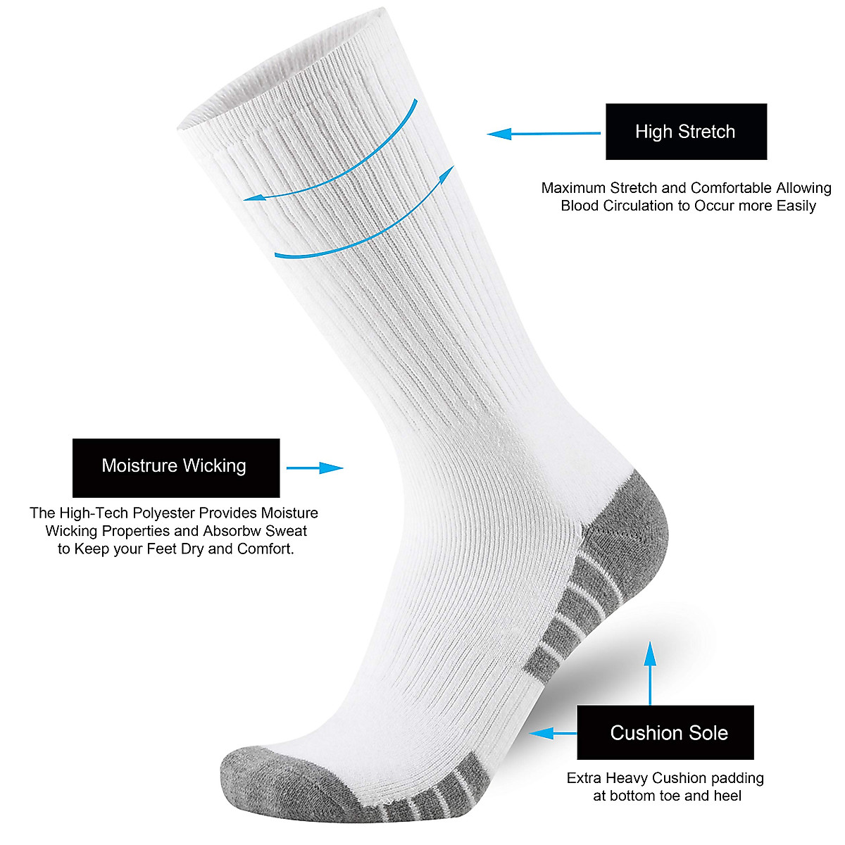 ONKE Cotton Cushion Crew Socks for Men Women Athletics All Seasons Thick Warm Heavy Duty Work Boots Moisture Wicking Control(White L)