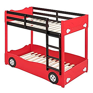 OYN Twin Over Twin Car-Shaped Bunk Bed Frame with Wheels for Children Teens Boys and Girls, Red