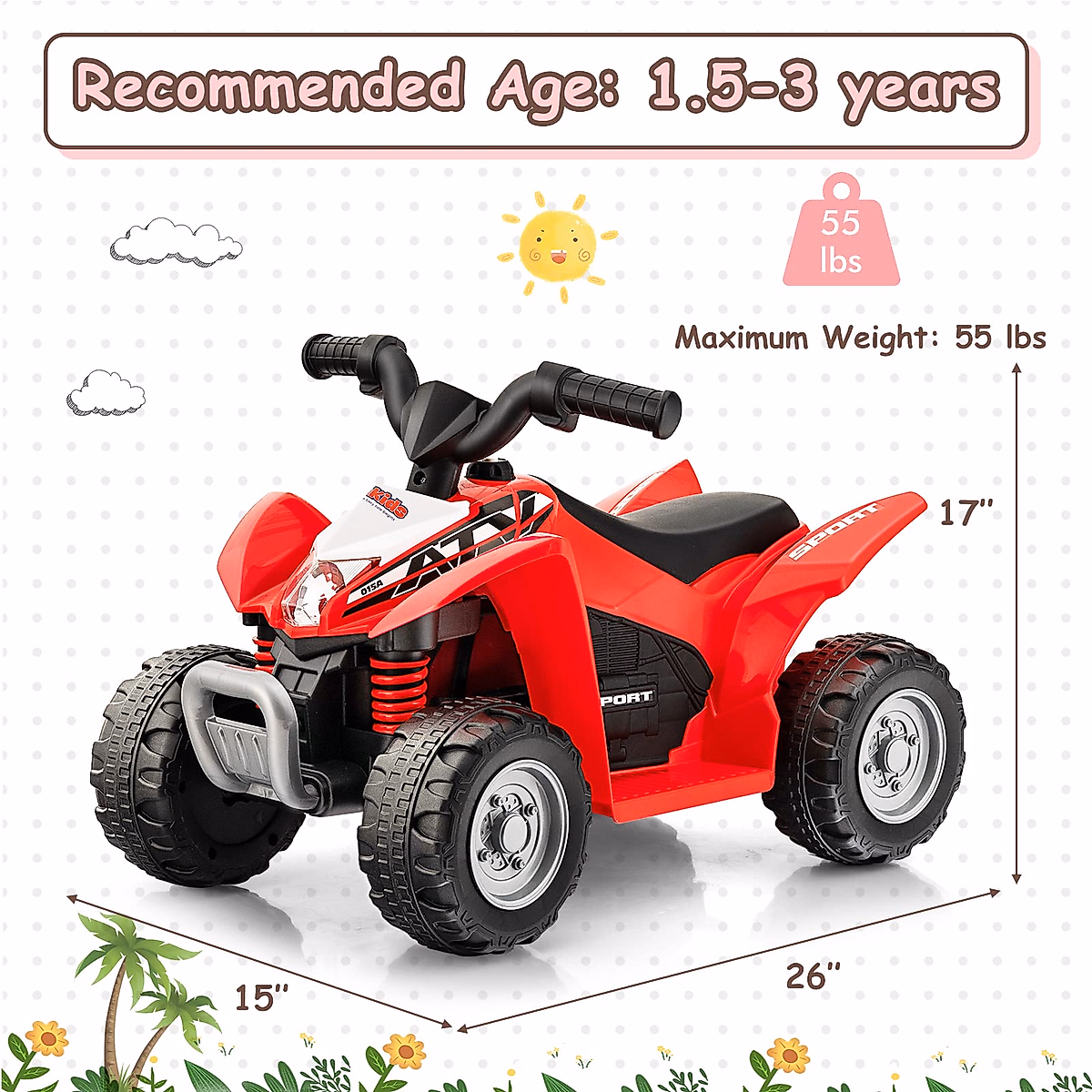 OLAKIDS Kids Ride On ATV, 6V Electric Vehicle for Toddlers, 4 Wheeler Battery Powered Motorized Quad Toy Car for Boys Girls with LED Lights, Horn (Garnet)