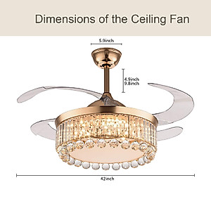 TFCFL 42" Gold Crystal Ceiling Fan Lights with Remote Control,Ceiling Fan Chandelier LED Three-Color Lights 3 Speeds Fan Retractable Blade for Living Room, Kitchen, Restaurant (Gold)