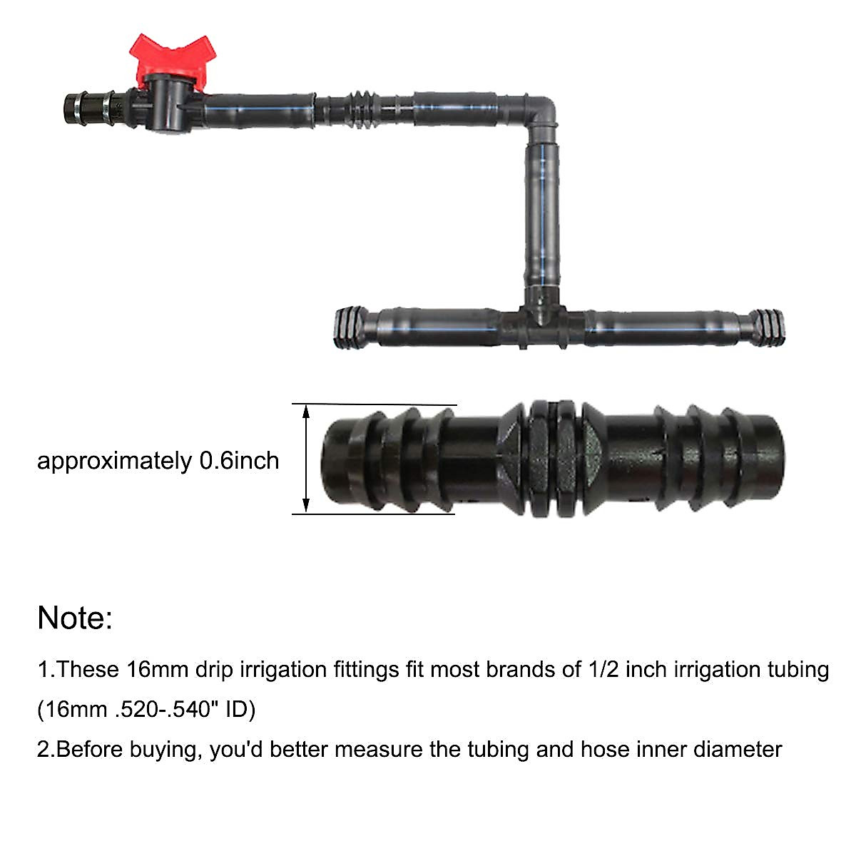 Drip Irrigation Fittings Kit, Irrigation Barbed Connectors for 1/2" Tubing 34 Piece - 2 Switch Valves, 8 Couplings, 8 Tees, 8 Elbows and 8 End Cap Plugs, Irrigation Water Hose Connector 1