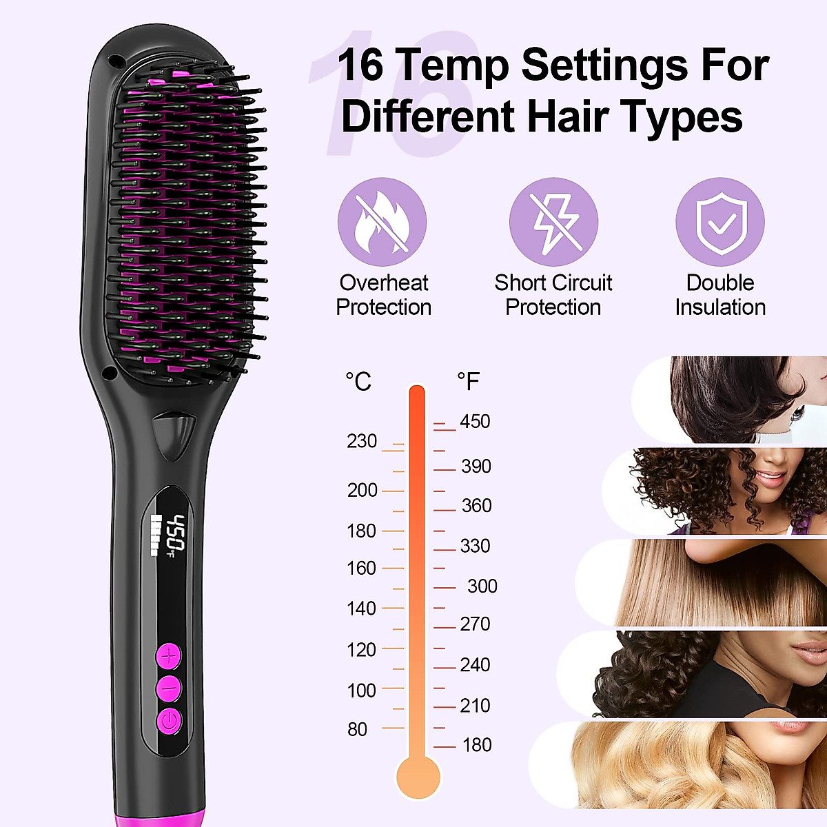 Hair Straightener Brush Hoxida Ionic Anti-Scald Straightening Comb Brush with MCH 30S Fast Heating, 16 Temp Setting Levels, Auto-Off,Hair Straightener Comb for Professional Salon at Home, Dual Voltage