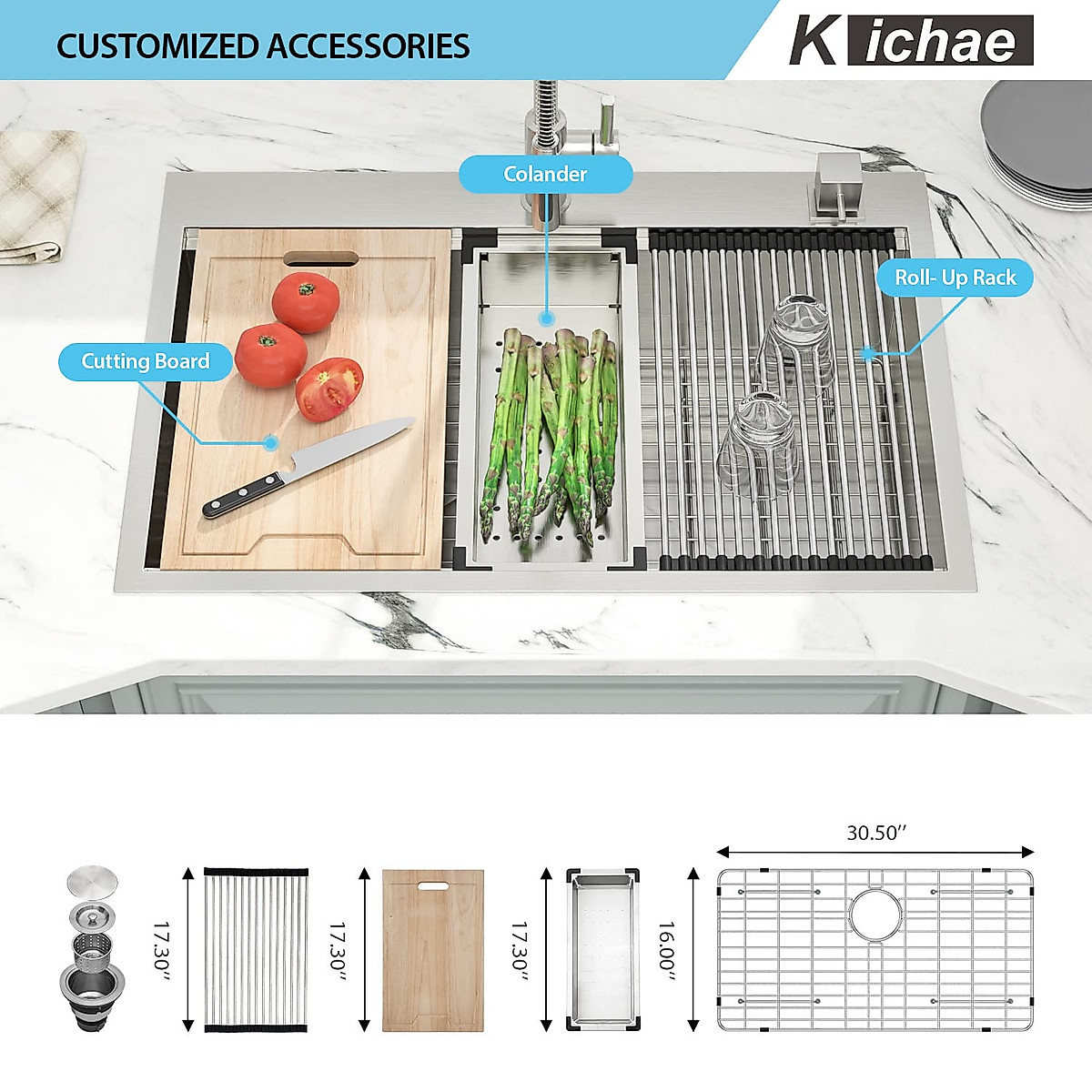 33 Kitchen Sink Drop In, Kichae 33 Inch Kitchen Sink Ledge Workstation Stainless Steel 16 Gauge Topmount Single Bowl Kitchen Sink with Accessories