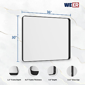 WEER 36X30 Inch Black Metal Framed Bathroom Mirror, Matte Black Bathroom Vanity Mirror, Rectangular Black Wall Mirror for Bathroom, Tempered Glass, Rounded Corner, Hangs Horizontal or Vertical
