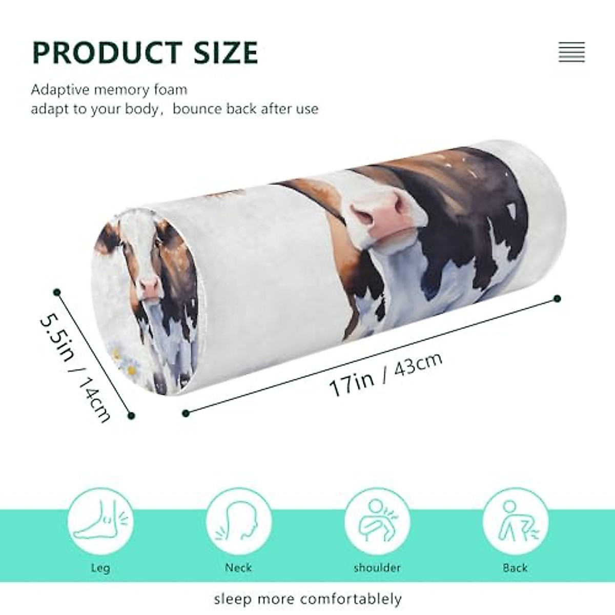 xigua Cow Flower Neck Roll Pillow for Neck Relief with Removable Washable Cover - Memory Foam Round Cylinder Bolster, Ergonomically Designed for Head, Neck, Back, and Legs