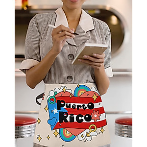 Puerto Rico Flag Rainbow Server Aprons with Pockets, Waiter Waitress Aprons Waterproof, Khaki Star Hearts Half Waist Apron for Restaurant Women Men, 24 x 13 Inch