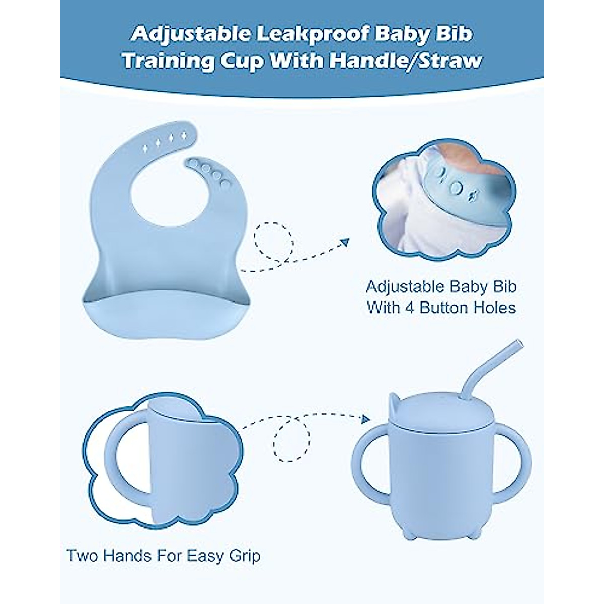 OFUN 8 Pack Silicone Toddler Feeding Set, Baby Led Weaning Supplies with Adjustable Bib, Divided Suction Plate, Bowl and a Sippy Cup, with 2 Spoon, 2 Folk, Eating Utensil for 6+ Months, Blue