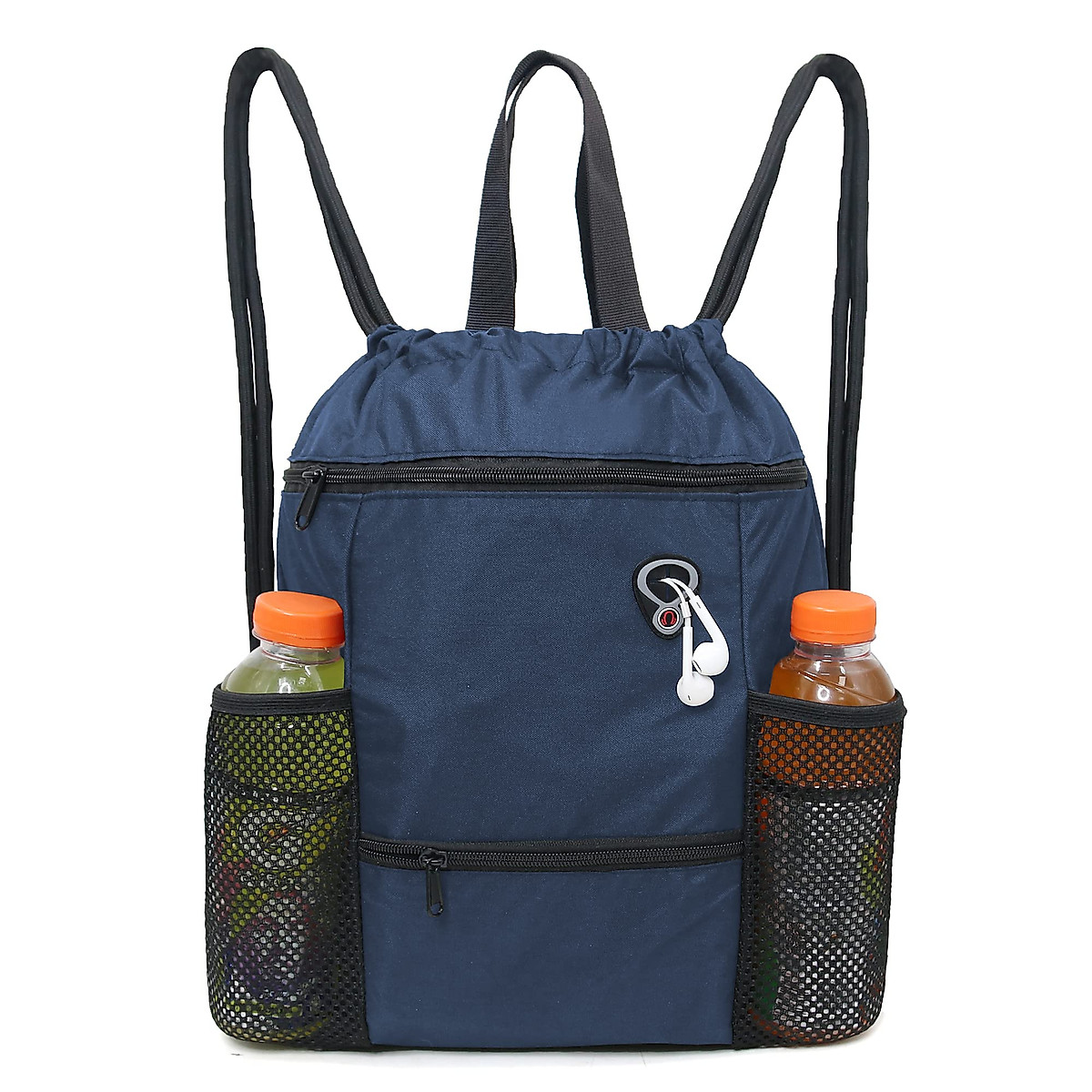 BeeGreen Navy Blue Drawstring Backpack Bag Cinch Sack Backpack with Zipper Pockets and Mesh Water Bottle Holders Beach Backpack Large 18" L x 15" W Gym Sprots Swim Bag
