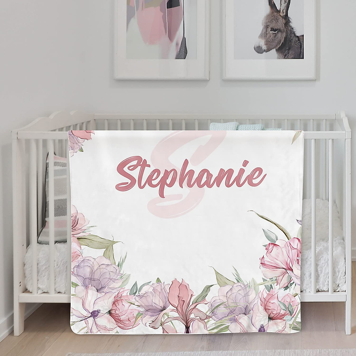 LESOON Customized Baby Blankets with Name - Personalized Boho Floral Blankets for Girls and Boys - Custom Toddler Blanket Baby Gifts for Newborns and Kids - Pink Floral Design