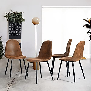 Fangflower Dining Chairs Set of 4, Faux Leather Upholstered Side Chairs, Mid Century Modern Armless Chair, Living Room Chairs with Metal Legs for Kitchen Lounge Farmhouse, Charlton Brown