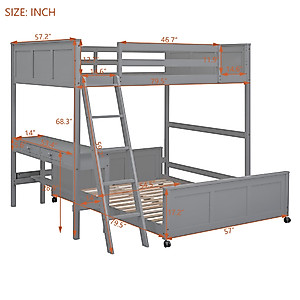 Full Over Full Loft Bed with Desk and Storage Drawers, Wood Bunk Loft Bunk Bed for Kids, Can Be Separated into A Full Size Platform Bed Frame and A Loft Bed for Girls Boys Teens, Gray