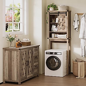 LINSY Farmhouse Over The Toilet Storage Cabinet, Bathroom Organizer with Sliding Barn Door and Adjustable Shelves, Light Brown