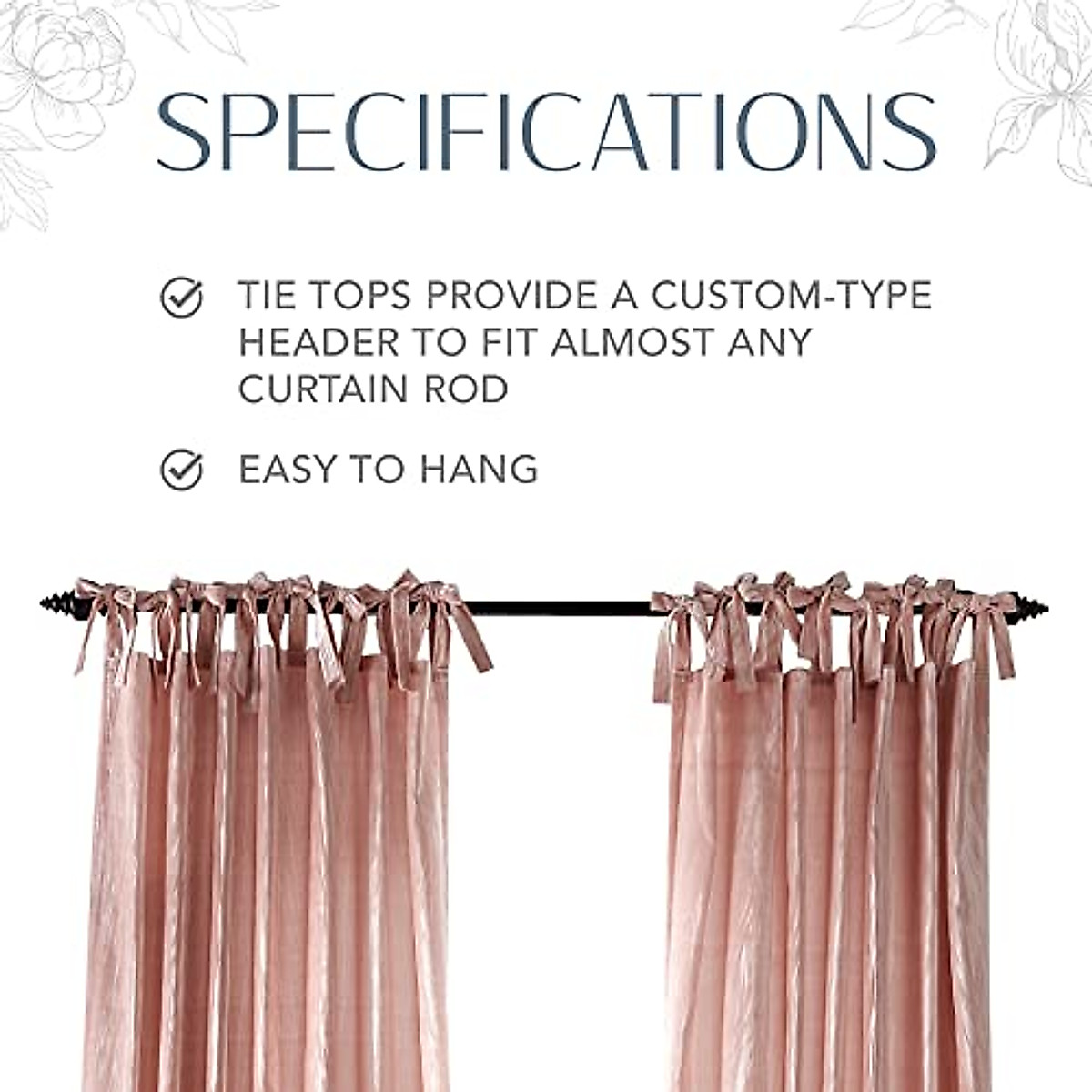 Elrene Home Fashions Korena Tie-Top Crushed Velvet Window Curtain Panel, Rustic-Chic Curtain Panel for Living Room or Bedroom, 52 Inches by 95 Inches, Blush, 1 Panel