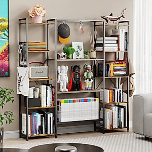 Iaocpio Triple Wide 5 Tiers Bookshelf with 6 Hooks, 13 Open Bookshelves for Bedroom, Living Room, Kitchen, Study and Home Office.