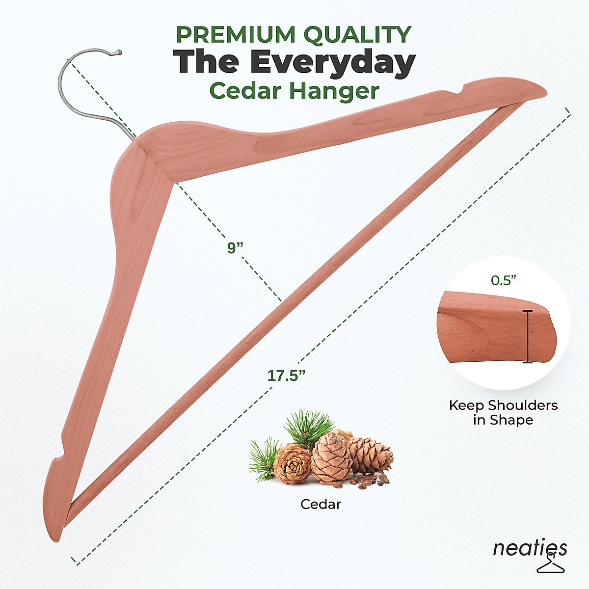 Neaties Premium Red Cedar Hangers for Closet 1/2" Thick Cedarwood Hangers with Bar - Cedar Pant Bar Cedar Jacket Hangers Cedar Suit Hangers Wooden Hangers Cedar Coat Hangers (18 Pack)