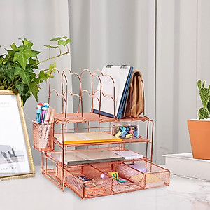 Barelove Rose Gold Desk Organizer with Pen Holder, 4-Trays Mesh Paper Letter File Sorter with 5 Upright Document Rack & Drawer, Desktop Metal Storage Magazine Folder for Home Office School Supplies