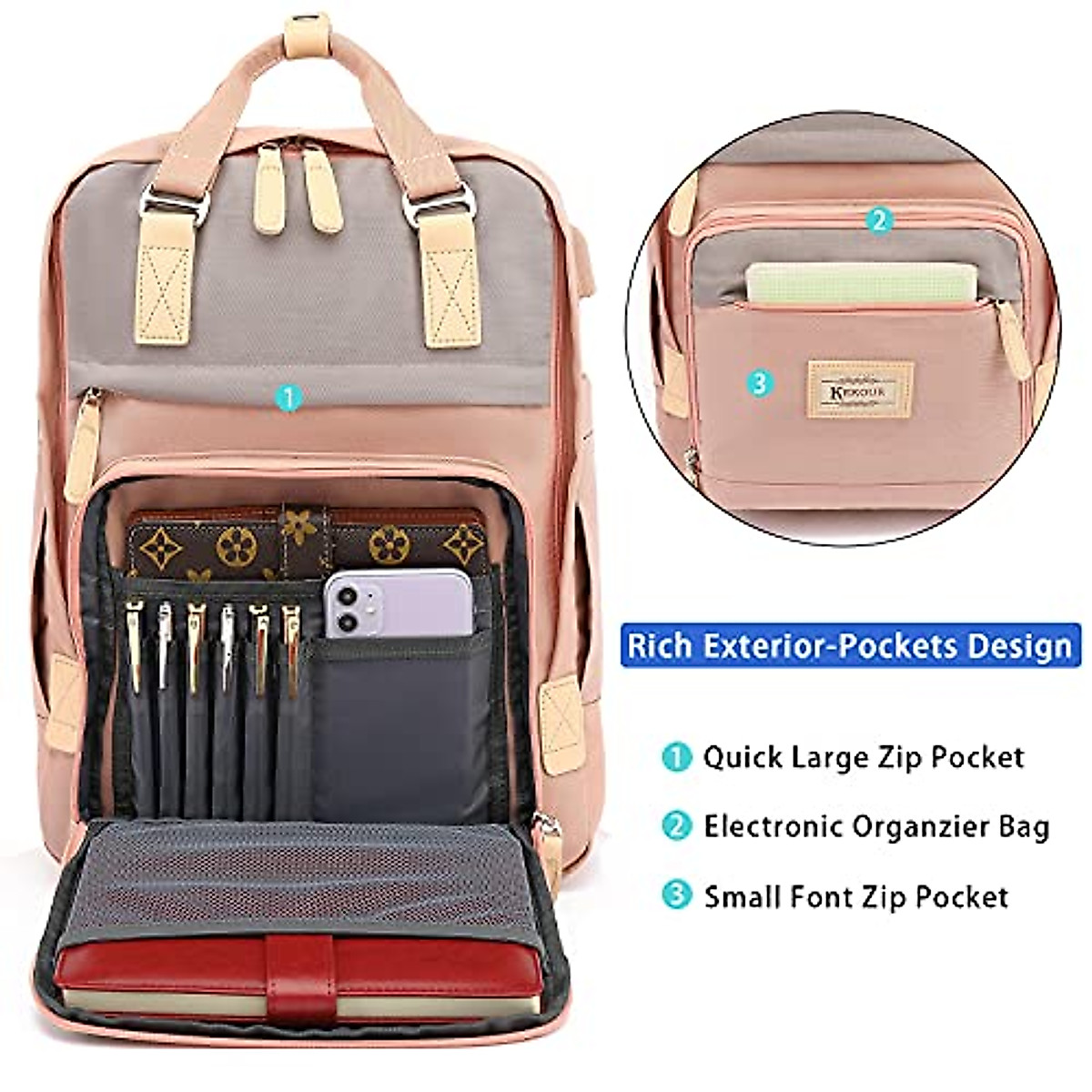 KeKour Laptop Backpack for Women,14 Inch Work Laptop Bag with USB Port Travel Computer College Casual Daypack for Weekender (Pink)
