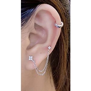 Round CZ Flower Double Piercing Studs With Chain Cuff 925 Sterling Silver Earrings for Women Teen Girls Cartilage Two Holes Tassel Threader Dangle Drop Hypoallergenic Climber Crawler Cute Dainty