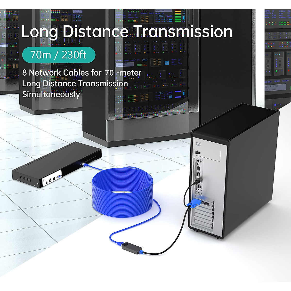 8 Port VGA KVM Console over CAT6, MT-VIKI CAT5E KVM Switch, 1U Rack Mount KVM Included 8 VGA to RJ45 KVM Dongles, Support Extended Distance UP to 230ft/70m by RJ45 Cable