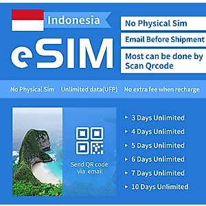 【UDBAC】 Indonesia eSIM Data Only SIM Card 3~10 Days Travel Internet Prepaid 4G-LTE High -Speed Traffic 2GB/Day Unlimited Low Speed (Online Delivery (7 Days Unlimited)