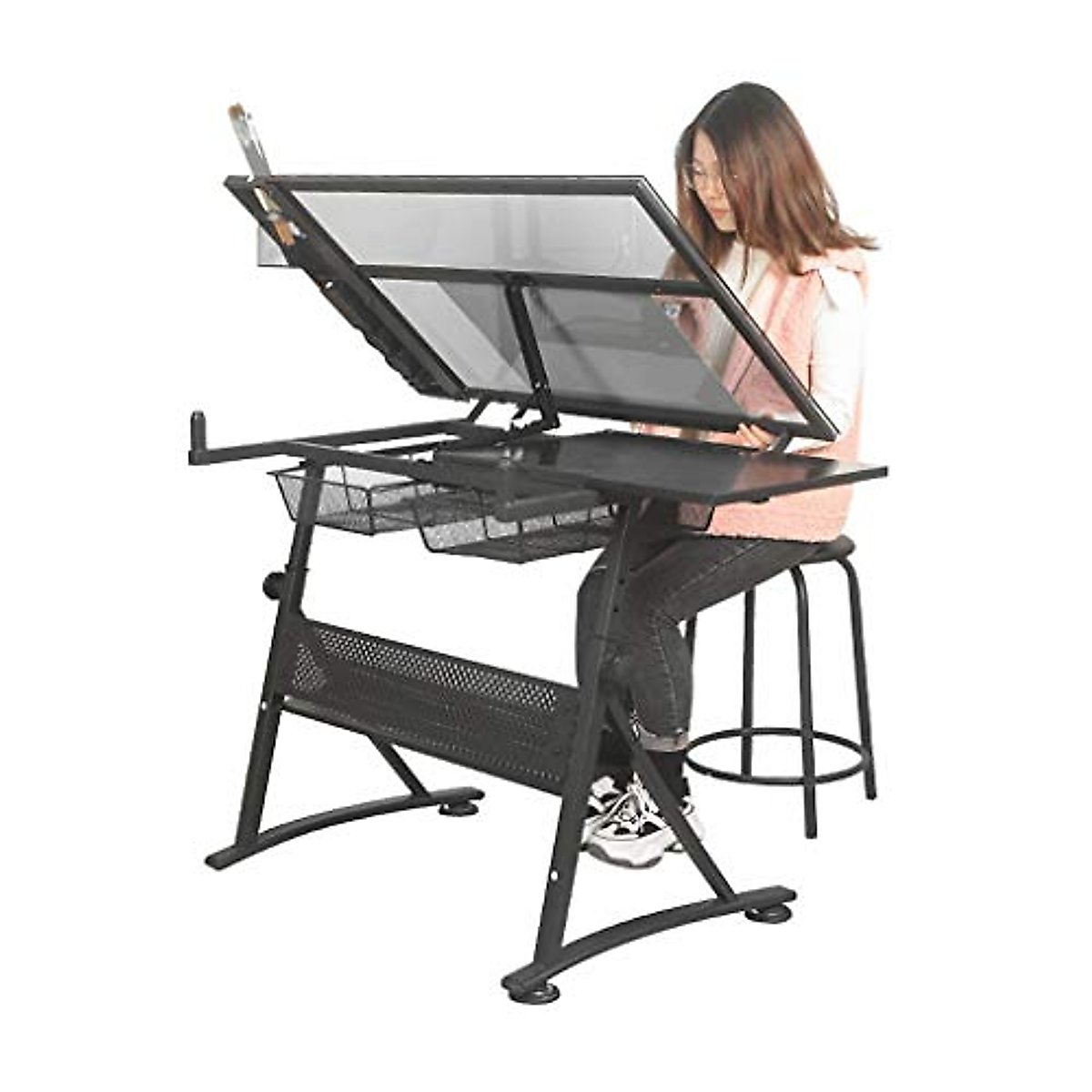 EESHHA Drawing Table Drafting Desk, Drafting Table with Storage, Height Adjustable Tiltable Art Desk, Glass Panel Drawing Desk, for Work Study Painting Craft Table