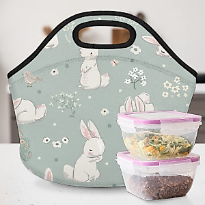 Insulated Neoprene Lunch Bag for Women Men Kids Cute Rabbit Bunny Flower Lunch Box Reusable Small Lunch Tote Bag Cooler Bag for School Work Picnic
