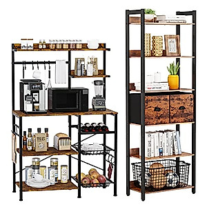 Furologee 6-Tier Bookshelf, Tall Rustic Bookcase with 2 Drawers Storage Organizer Kitchen Baker’s Rack with 2 Pull Out Wire Baskets