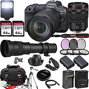 Canon EOS R5 Mirrorless Camera w/RF 24-105mm f/4 L is USM Lens + 420-800mm f/8.3 HD Manual Telephoto Lens + 2X 64GB Memory + Hood + Case + Filters + Tripod + More (35pc Bundle)