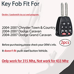 Key Fob Keyless Entry Fits for Chrysler Town & Country Dodge Grand Caravan 2004 2005 2006 2007 Remote Control Replacement 05183683AA M3N5WY72XX 46Chip 315MHz 6 Button Head Fob Key (Set of 2)