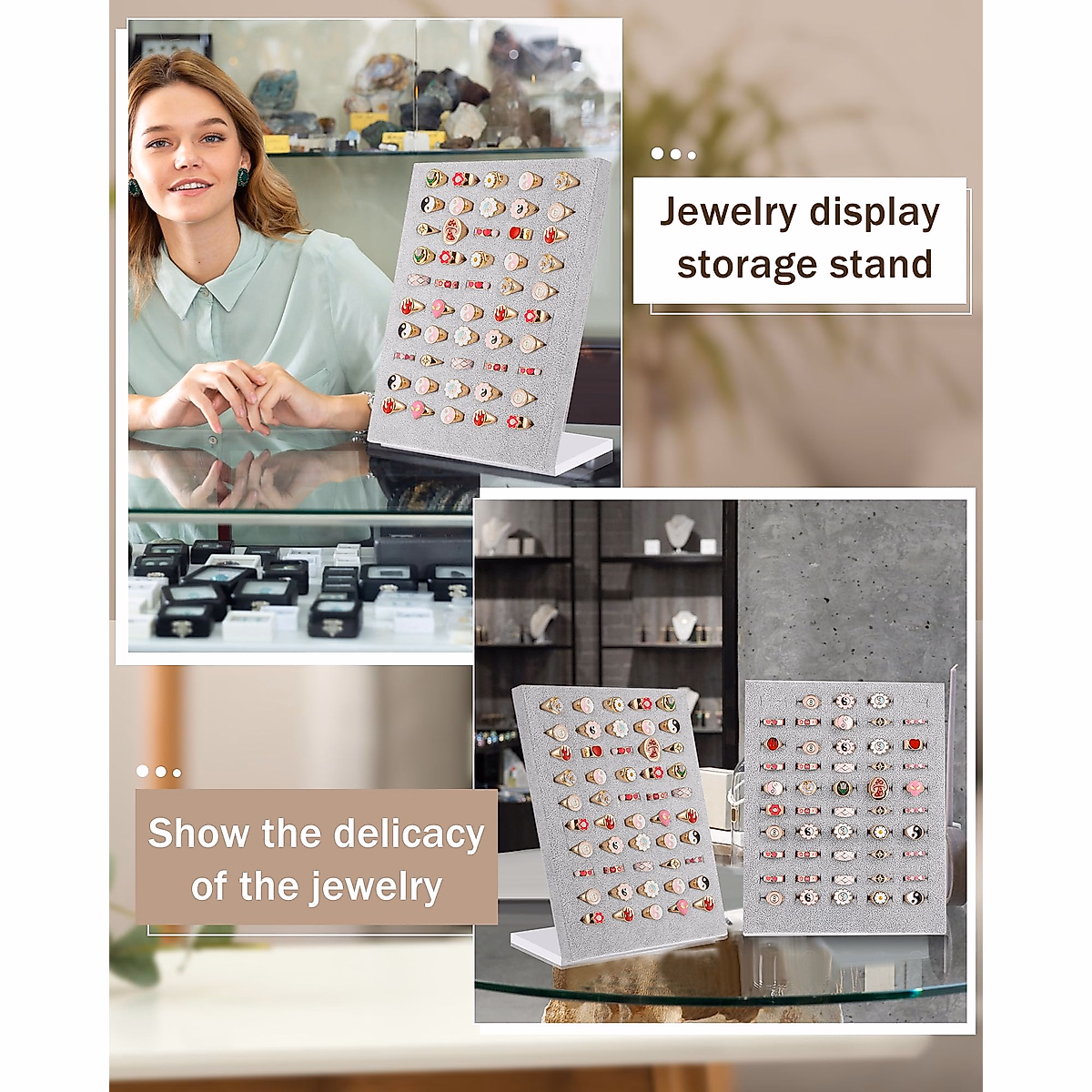 Henoyso 4 Pcs Velvet Ring Display 50 Slots Ring Stand Display Ring Holder for Selling Ring Organizer for Jewelry Tray Displays (Grey)