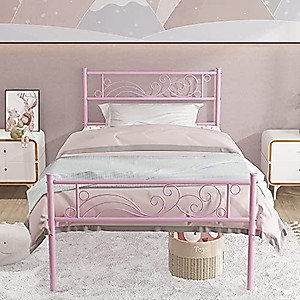 Weehom Twin Bed Frames Metal Platform Heavy Duty Steel Slat Under Bed Storage for Kids Pink