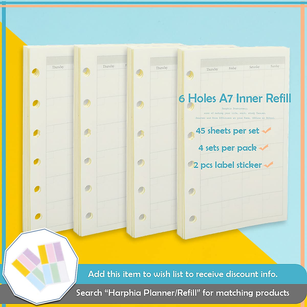 A7 Planner Refill,4 Packs per Set, Monthly Plan Paper, A7 Pocket Binder Refills Inserts 6 Ring with Label Stickers Gift,Mini Binder Refills,6 hole/100gsm Thick Paper/4.84 x 3.23'', Harphia