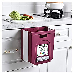 WAROIS Upgrate Foldable Trash Can 9L Hanging Folding Garbage Bin with Waste Bag Pocket for Home & Portable Outdoor Collapsible Trash Bin (Wine Red)