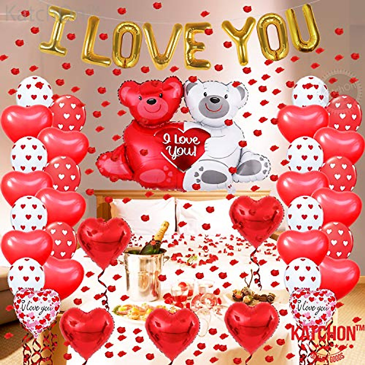 Huge, I Love You Balloons Set - Pack of 54 | Pack of 2000 Rose Petals for Romantic Night for Him Set | Red Heart Balloons, Valentines Day Decor | Valentine Balloons, Romantic Decorations Special Night