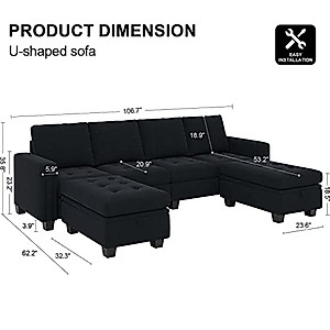 Belffin Velvet U Shaped Sectional Sofa Couch with Storage Ottoman Convertibel Sectional Sofa with Reversible Chaises Black