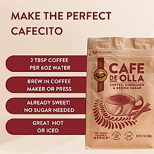 Café De Olla Ground Coffee, 12 Ounce, Cinnamon and Brown Sugar Spiced Mexican Dark Roast Coffee by La Monarca Bakery