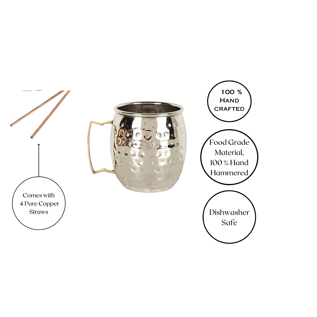 JYPR Complete Moscow Mule Mugs 8pc Set - Large 18oz Hammered Steel Mugs with Gold Brass Handles - Includes 4X Copper Straws - Food Grade Safe Steel Interior