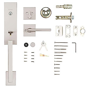 Kwikset Vancouver Front Door Lock Handle and Deadbolt Set, Entry Handleset Exterior with Interior Reversible Lever, Satin Nickel, Pick Resistant SmartKey Rekey Deadbolt Security